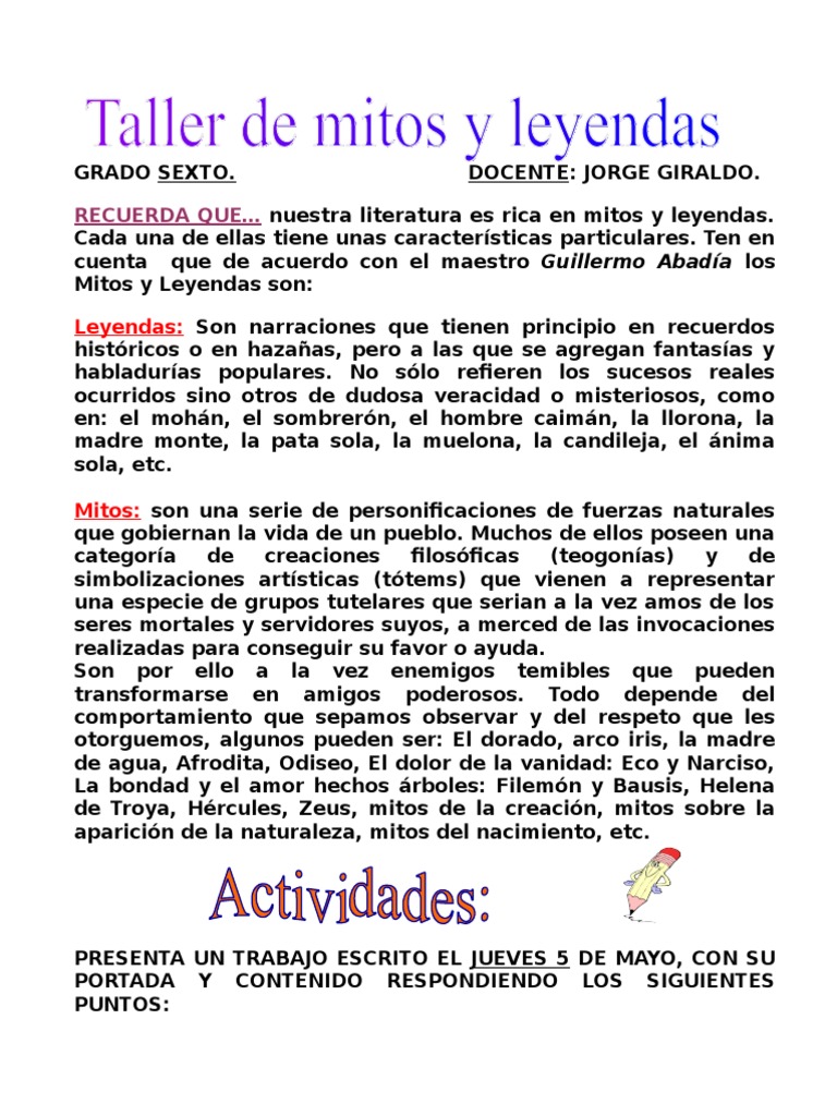 Taller Grado 6° Español | PDF | Mitología | Mitos de la creación