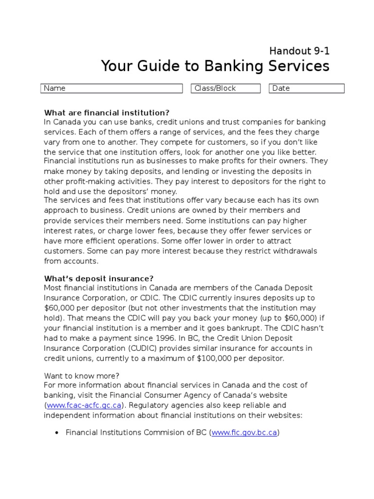 Your Guide To Banking Services: Handout 9-1 | PDF | Transaction Account ...