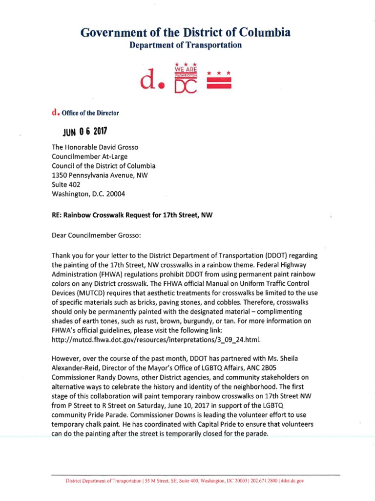DDOT Letter To CM Grosso - 17th Street NW Rainbow Crosswalk Request | PDF