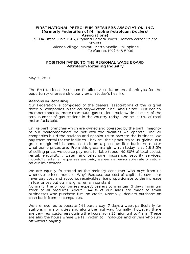 DOLE Position Paper NCR May 2011-1 | PDF | Filling Station | Employment