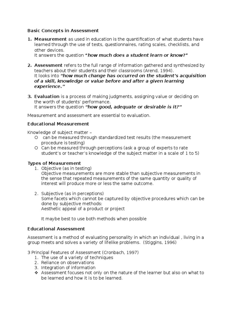 Basic Concepts in Assessment - Notes (1) | Educational Assessment ...