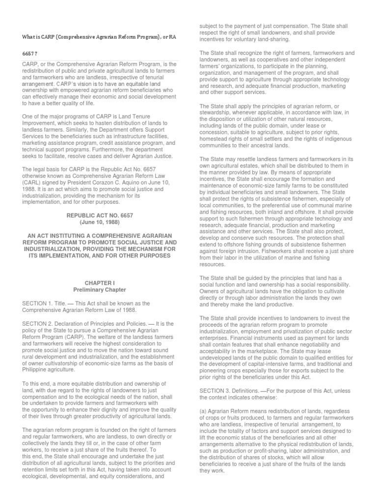 What Is CARP (Comprehensive Agrarian Reform Program), or RA 6657? | PDF ...