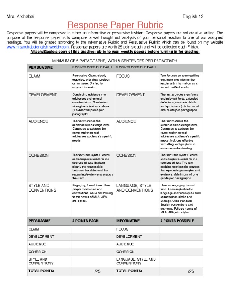 Response Paper Rubric New | PDF | Audience | Paragraph