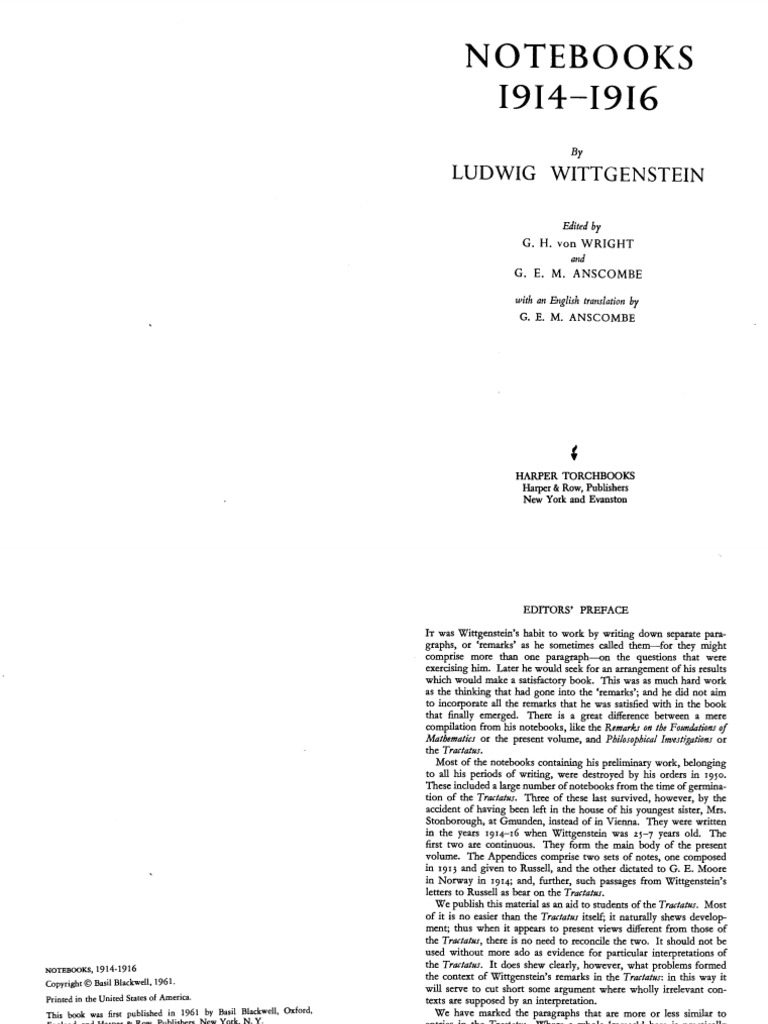 Ludwig Wittgenstein Notebooks 1914 1916 Pdf Pdf