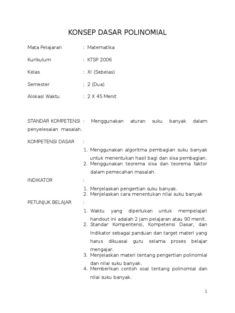 Konsep Dasar Polinomial Ima | PDF