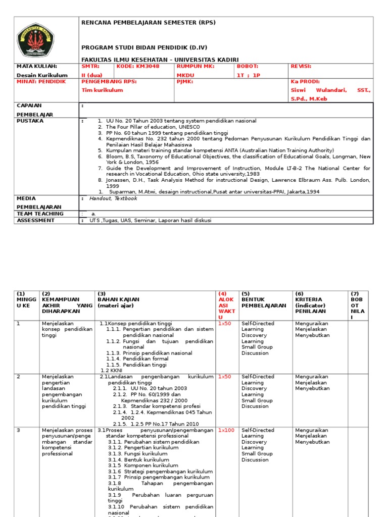 Contoh Bentuk Rps Desain Kurikulum Ok | PDF