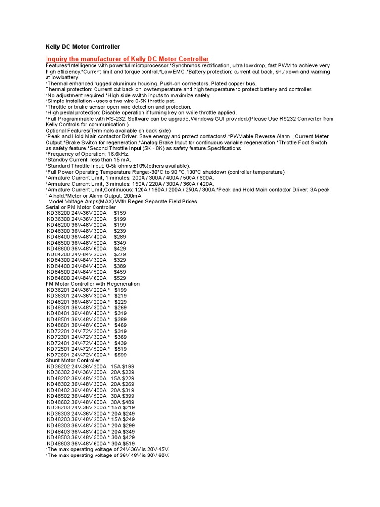 Kelly DC Motor Controller | PDF | Throttle | Electrical Engineering