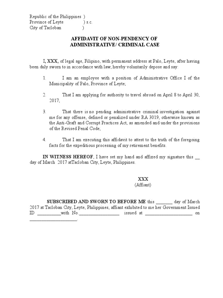 Affidavit of Non Pending Case (Sample) | PDF | Affidavit | Criminal Law
