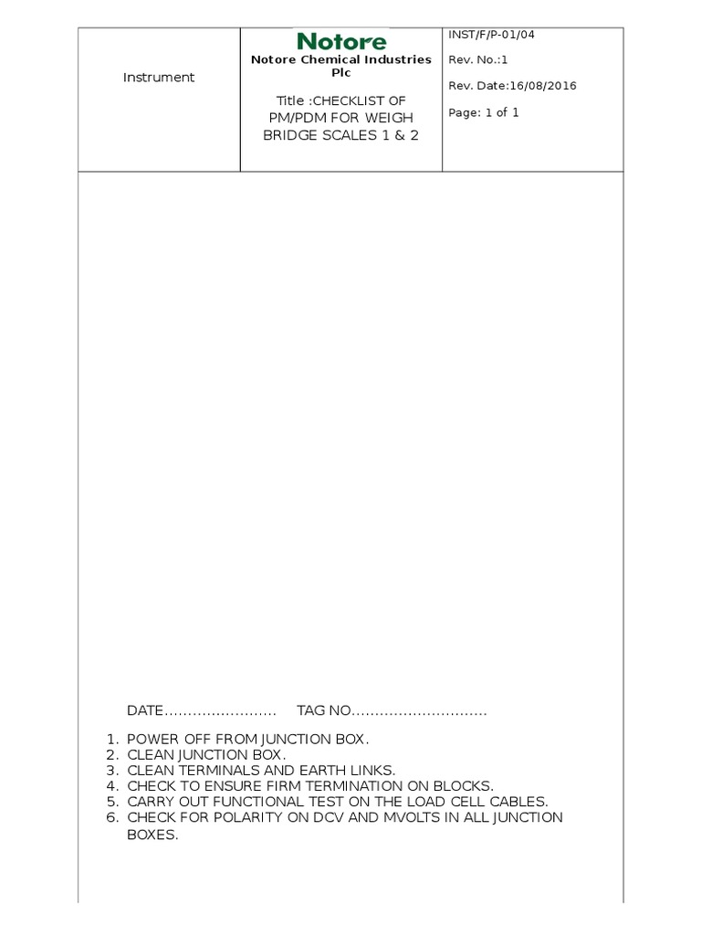 Checklist For Weighbridge | PDF | Equipment | Manufactured Goods