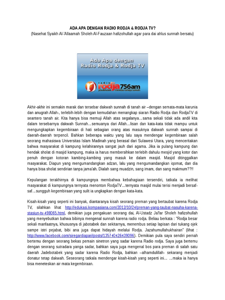 Fatwa Syaikh Fauzan tentang Radio Rodja | PDF