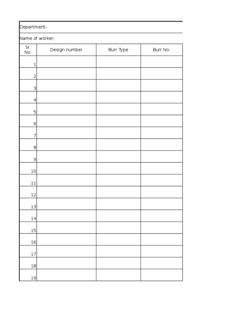 Department-Name of Worker - Design Number Burr Type Burr No. Sr. No ...
