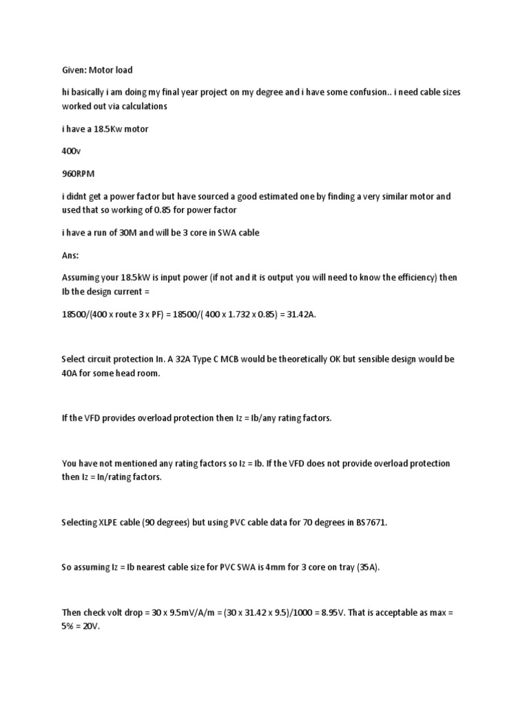 Motor Cable Sizing | PDF