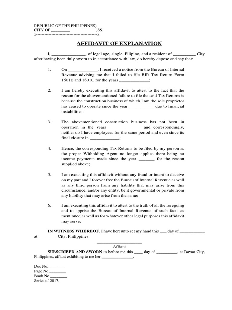 Sample Affidavit of Undertaking | Affidavit | Withholding Tax