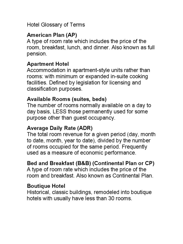 Hotel Terminology and Definitions | PDF | Resort | Hotel