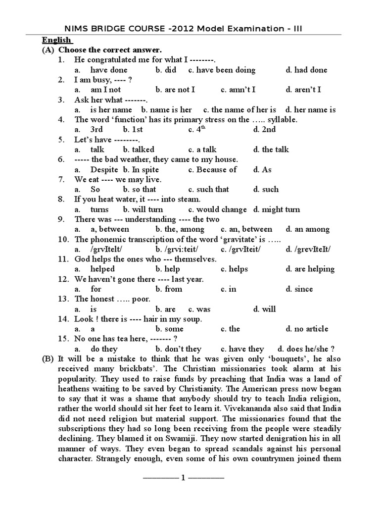 English (A) Choose The Correct Answer.: NIMS BRIDGE COURSE - 2012 Model ...