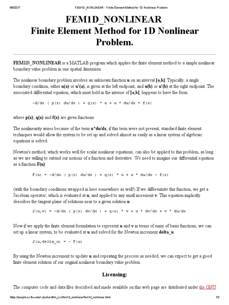 Finite Element Method for 1D Nonlinear Problems | PDF | Finite Element ...