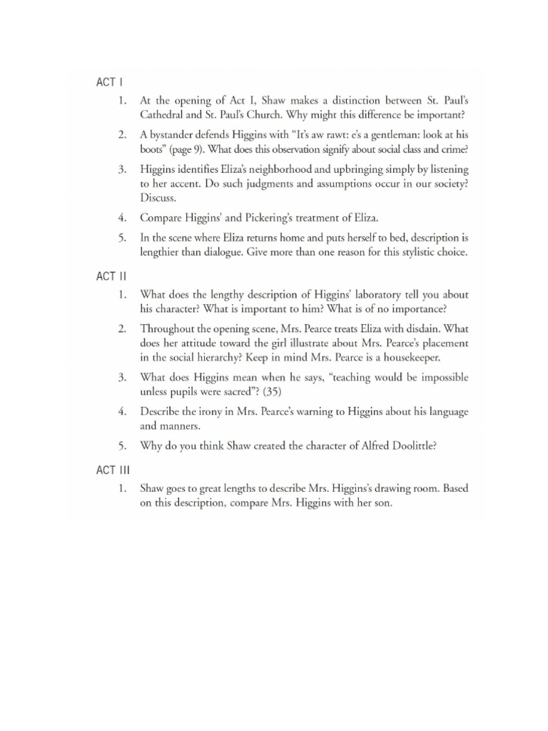 Discussion Questions From Pygmalion | PDF