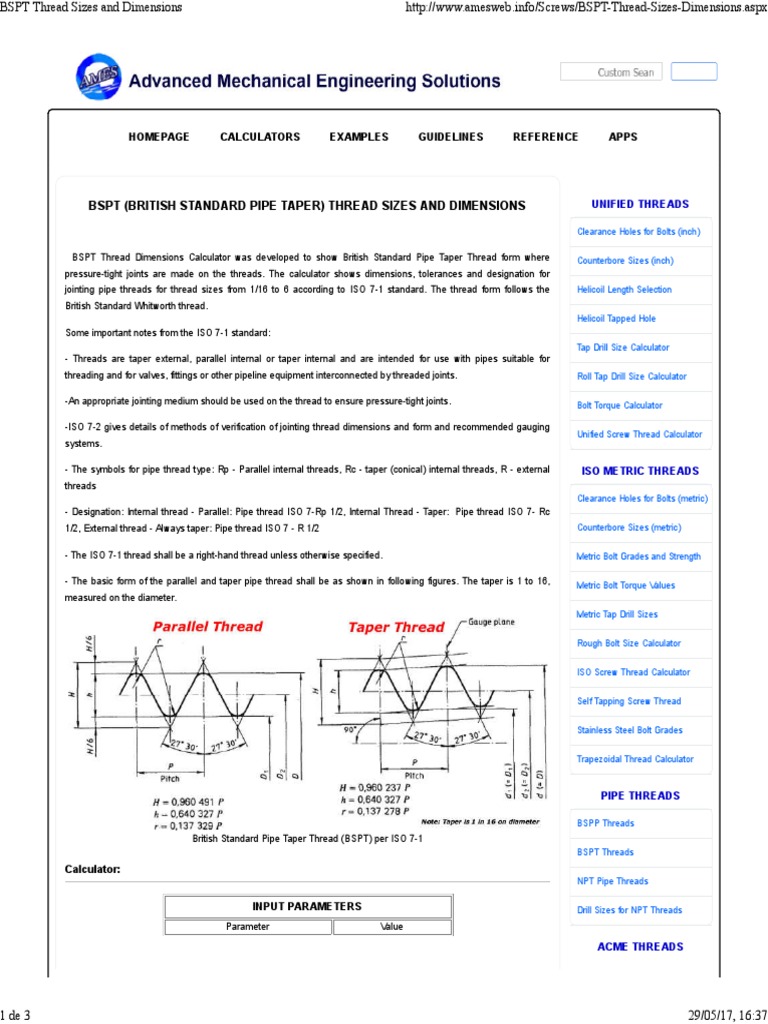 BSPT Thread Sizes and Dimensions | PDF | Screw | Engineering Tolerance