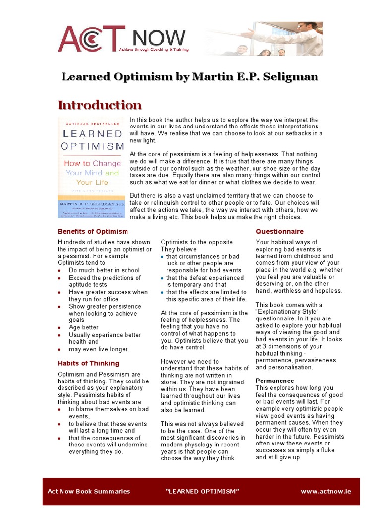 Learned Optimism Book Summary | PDF | Optimism | Pessimism