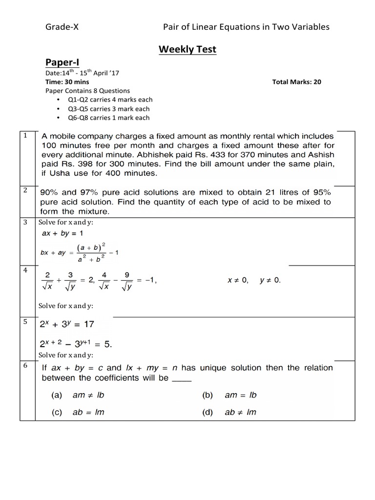 Weekly Test GR-10 Pair of Linear Equation in 2 Variables Paper-4 ( ) | PDF