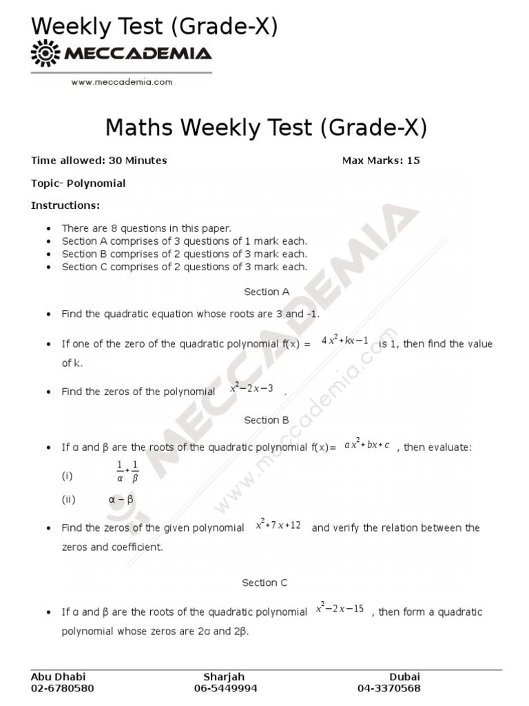 Weekly Test GR-10 Polynomials Paper-2 | PDF | Teaching Methods & Materials
