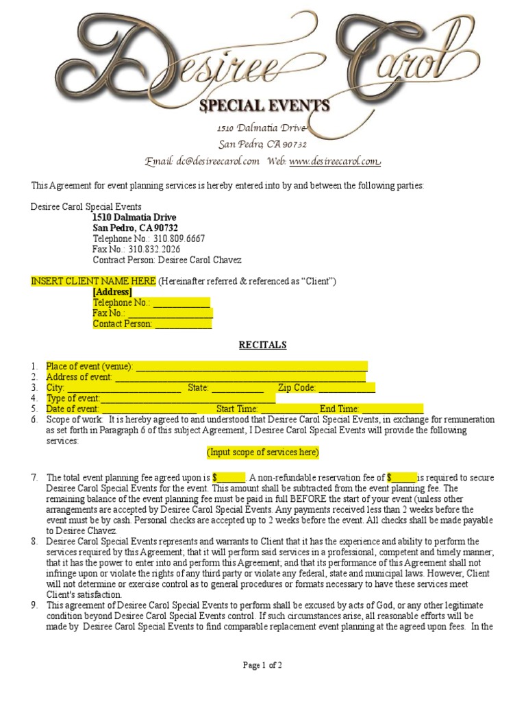 Special Event Contract Template PDF Format | PDF | Damages | Fee