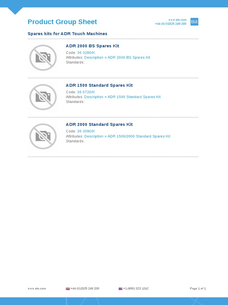 Product Group Sheet: Spares Kits For ADR Touch Machines ADR 2000 BS ...