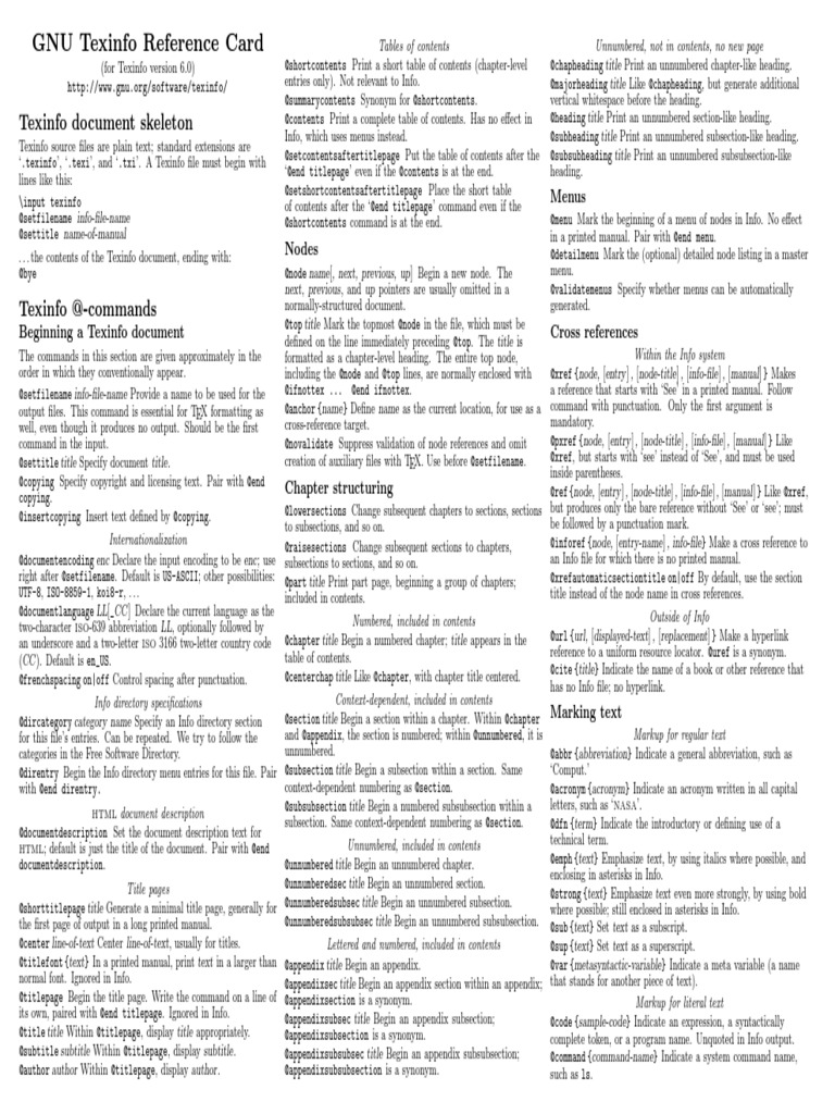 GNU Texinfo Reference Card | PDF | Typefaces | Encodings