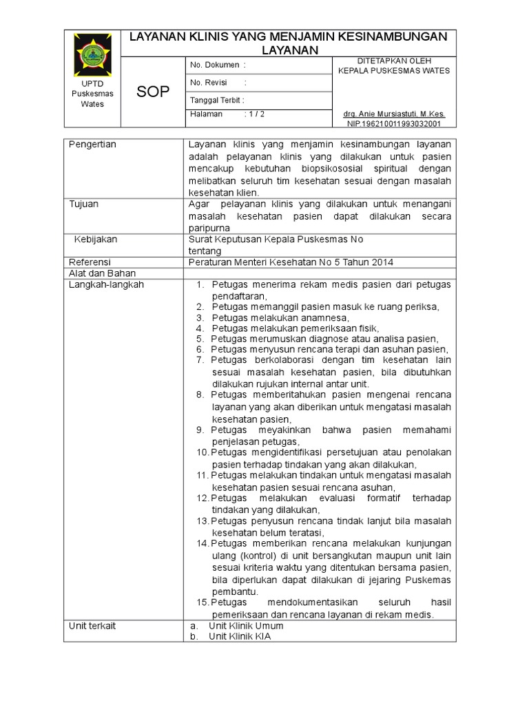 SOP Layanan Klinis Yang Menjamin Kesinambungan Pelayanan | PDF