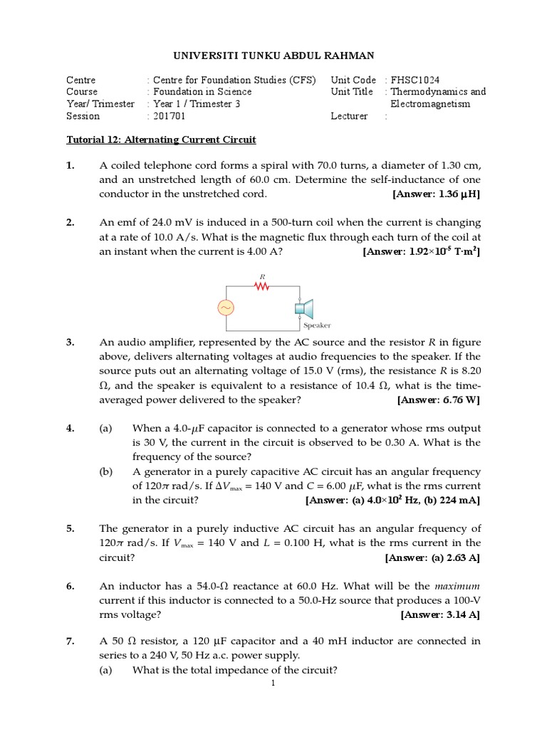 Tutorial 12 Alternating Current Circuit 1 - New S | PDF | Capacitor ...