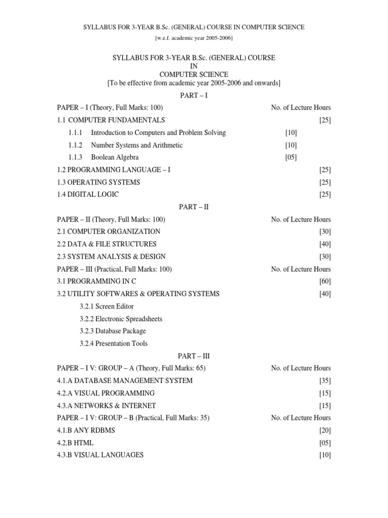 Syllabus For 3 Year B Sc General Course In Computer Science Pdf
