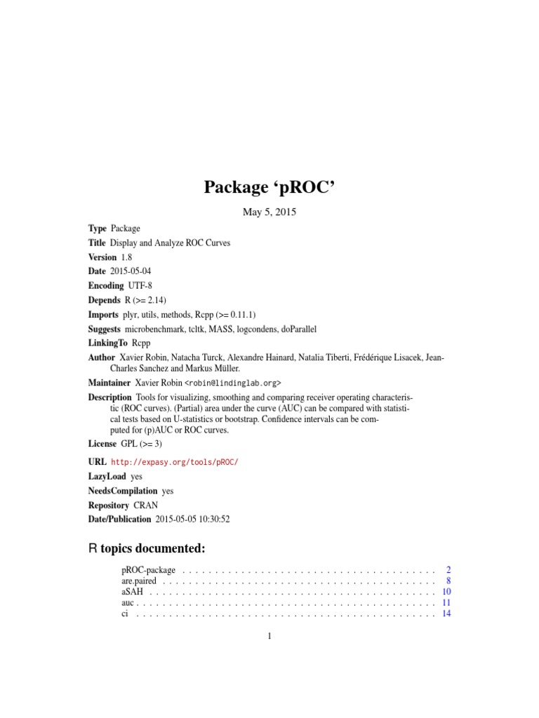 pROC: ROC Curve Analysis Tools | PDF | Receiver Operating ...