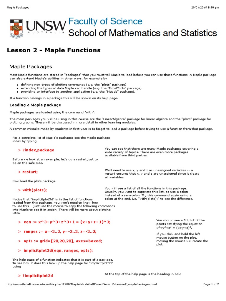 Lesson 2 - Maple Functions | PDF | Matlab | Function (Mathematics)