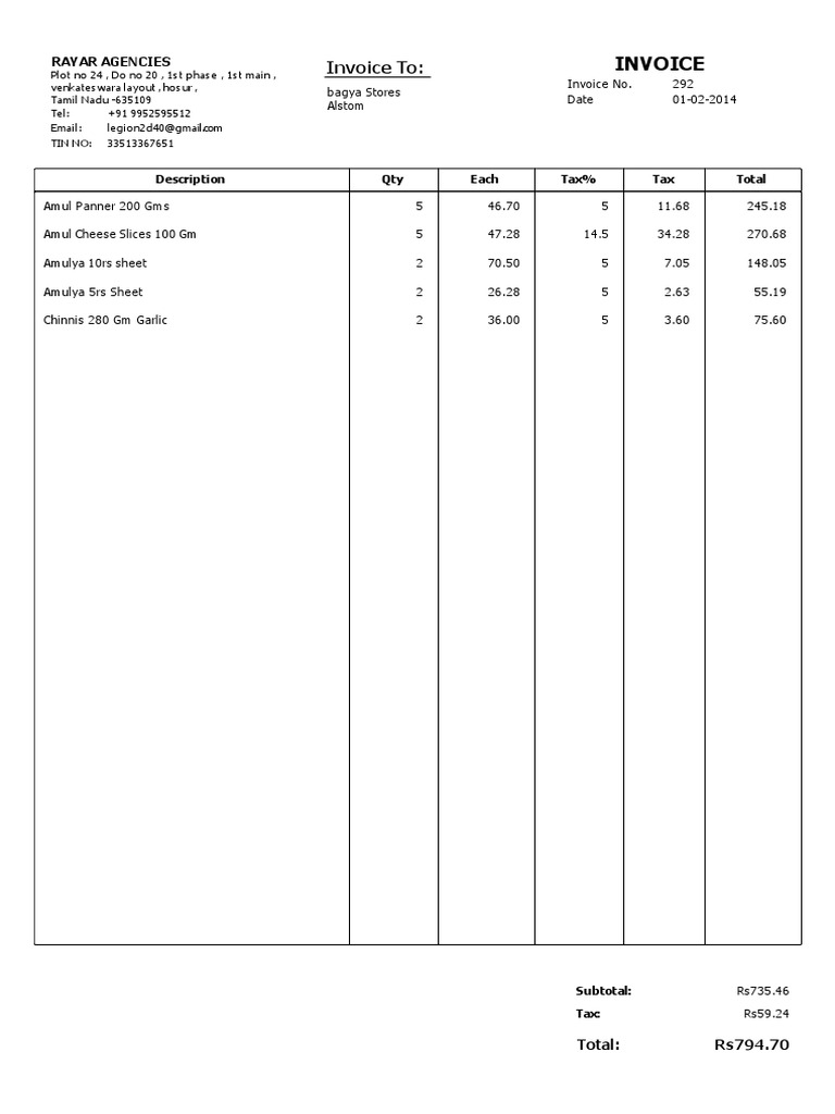 Invoice for Dairy Products from Rayar Agencies to Bagya Stores | PDF
