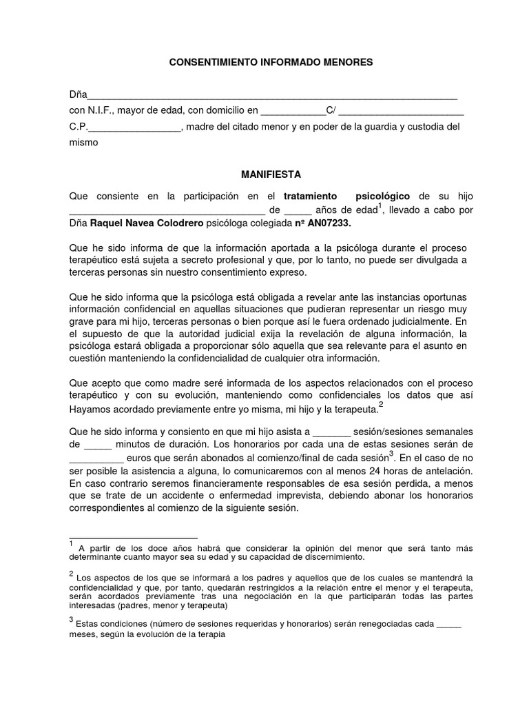 Consentimiento Informado Menores | PDF | Consentimiento informado ...