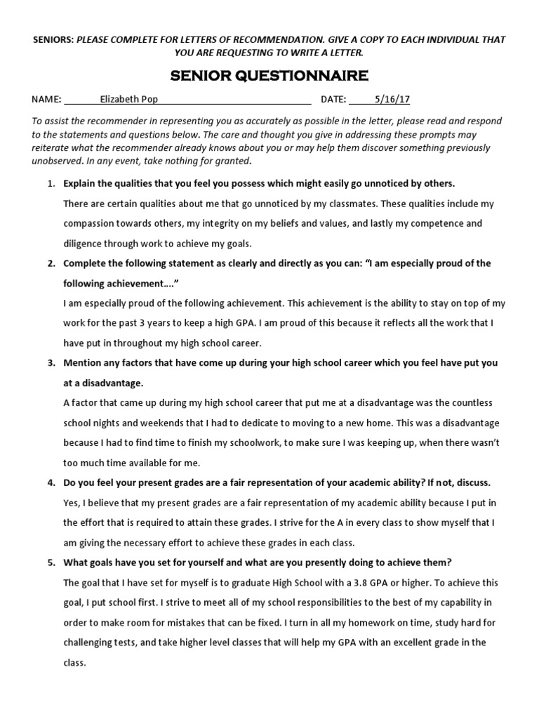 Senior Questionnaire 1 | PDF | Goal | Employment