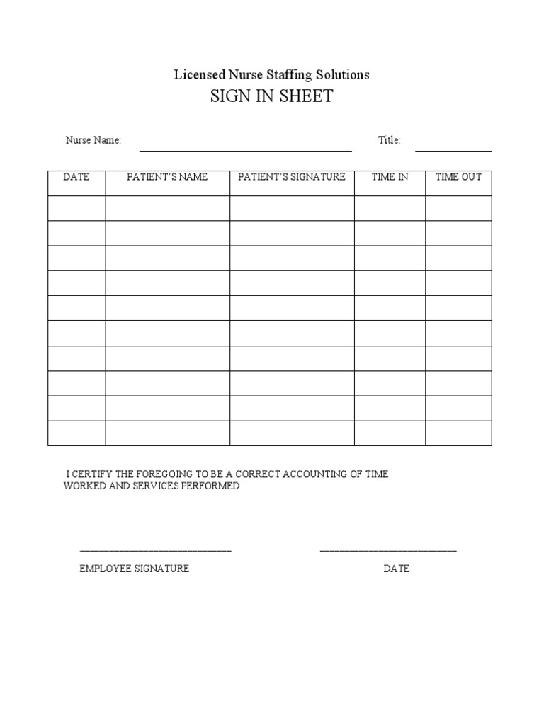 Sign in Sheet: Licensed Nurse Staffing Solutions | PDF