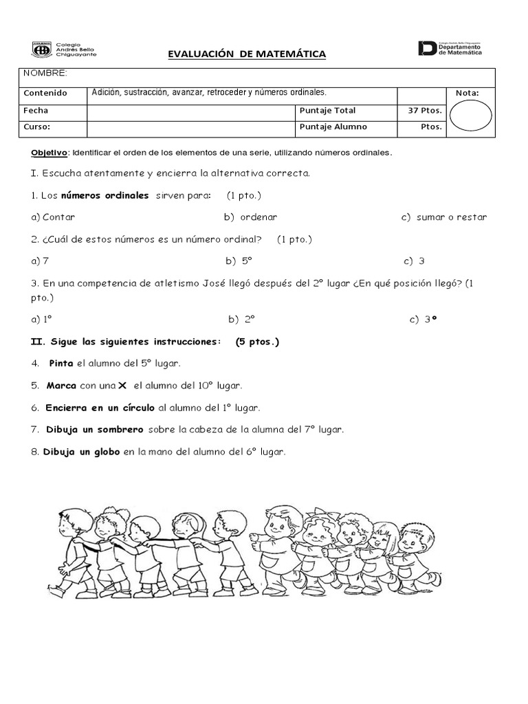 Prueba de Matemática Números Ordinales, Avanzar y Retroceder | PDF
