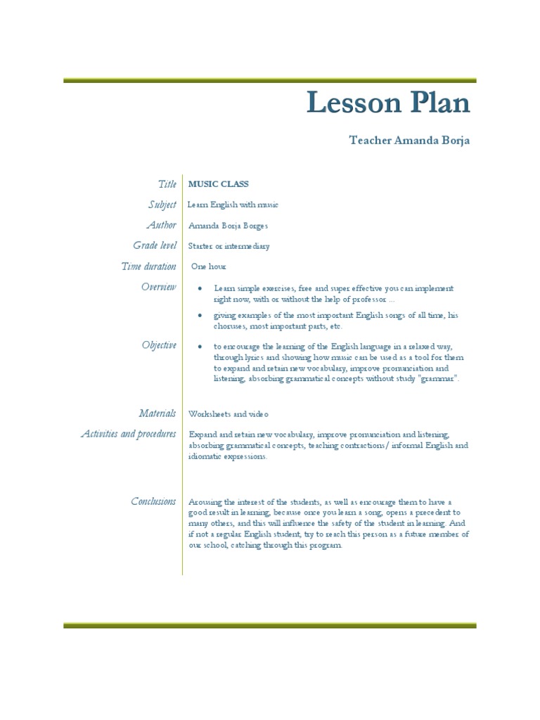 Lesson Plan Music Class | PDF | Teaching | Semiotics