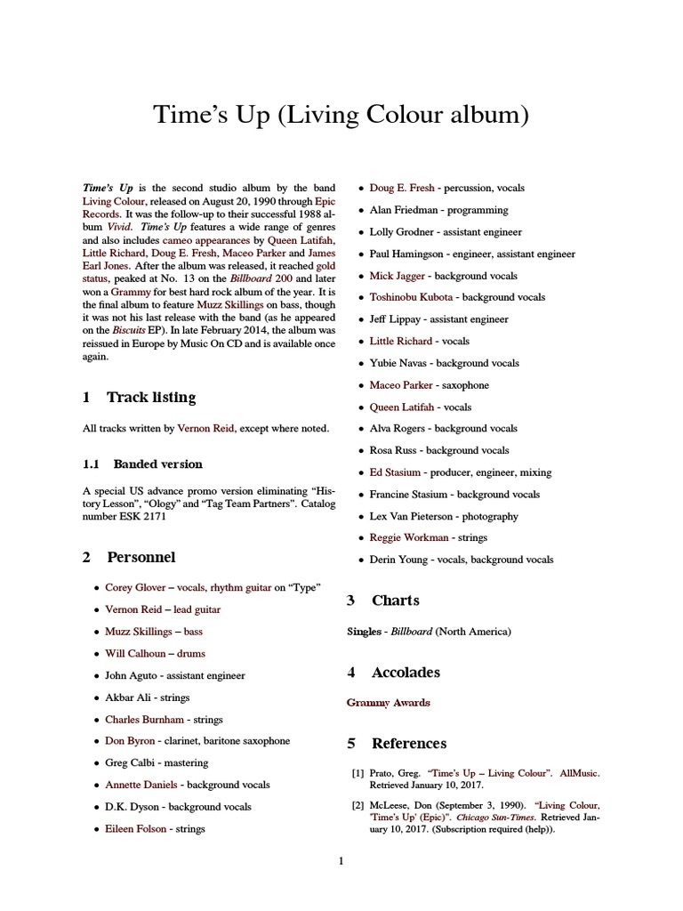 Time's Up (Living Colour Album) : 1 Track Listing | PDF | Music ...