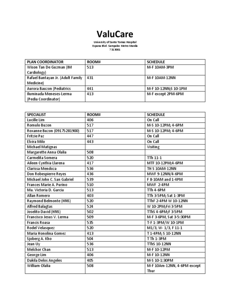 Valucare: Plan Coordinator Room# Schedule | Download Free PDF ...