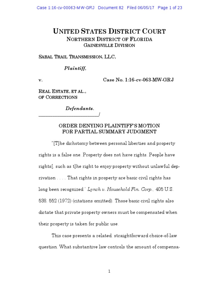 Order Denying Plaintiff's Motion for Partial Summary Judgment, Sabal Trail Transmission, LLC v ...