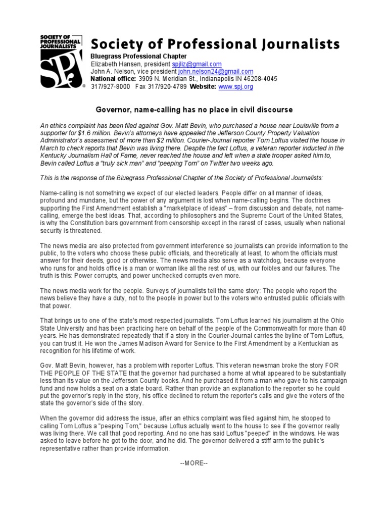 Society of Professional Journalists: Governor, Name-Calling Has No ...