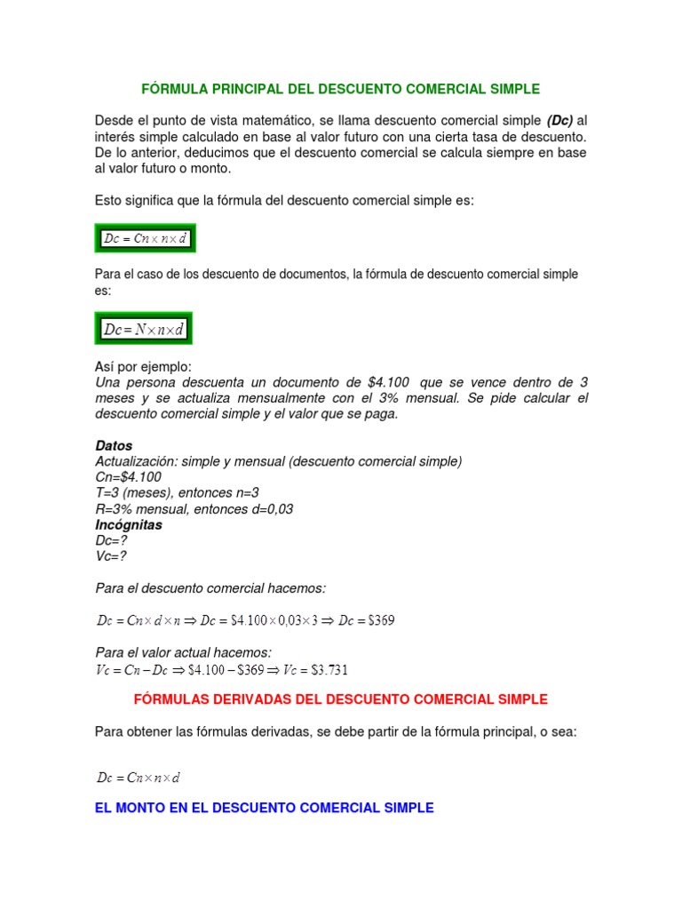 Fórmula Principal Del Descuento Comercial Simple | PDF | Bancos | Interés