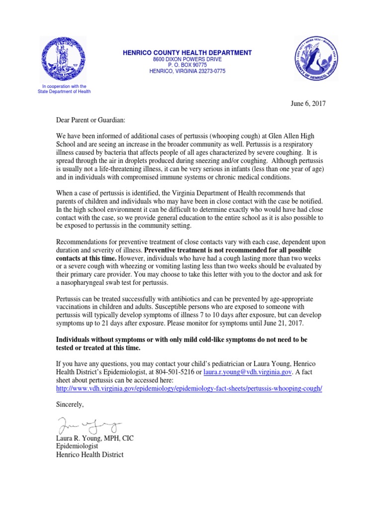 Pertussis in School Letter | PDF | Medical Specialties | Health Sciences