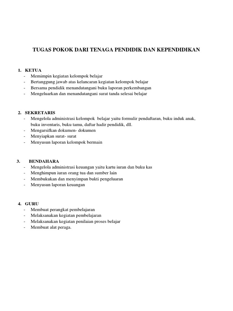 Tugas Pokok Dari Tenaga Pendidik Dan Kependidikan Paud | PDF