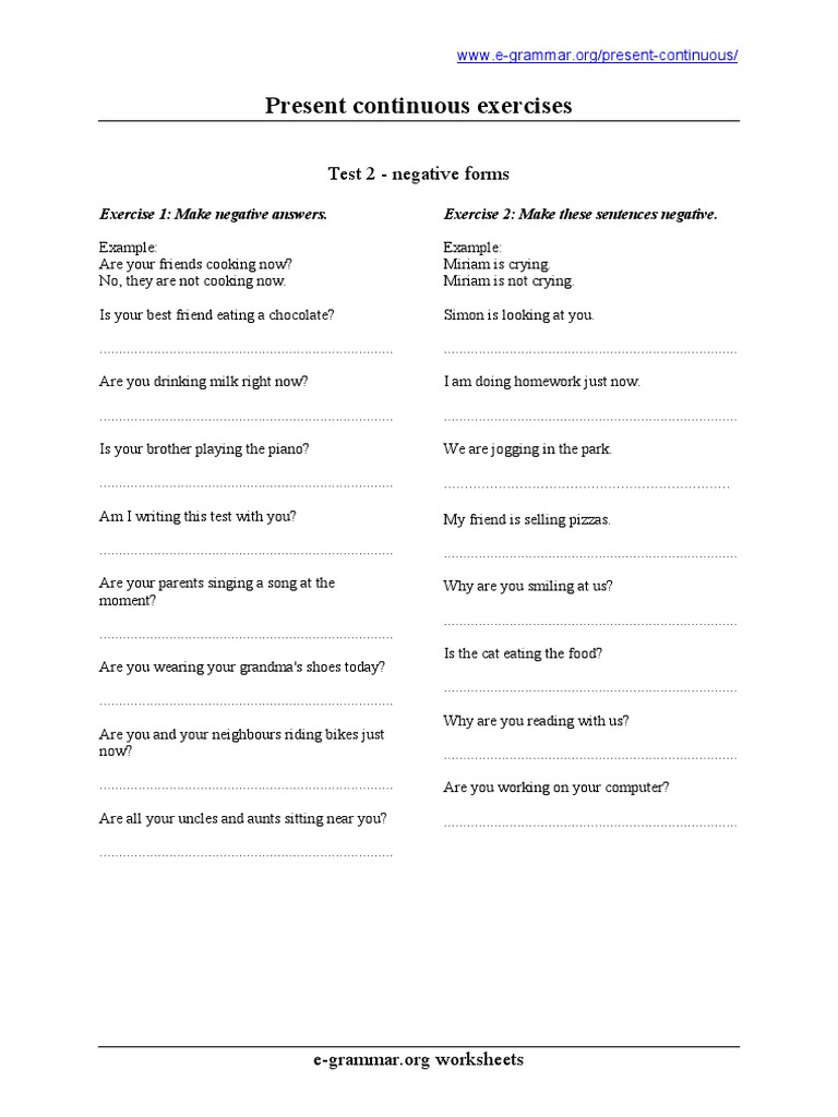 Present Continuous Negative Forms Exercises | PDF | Leisure