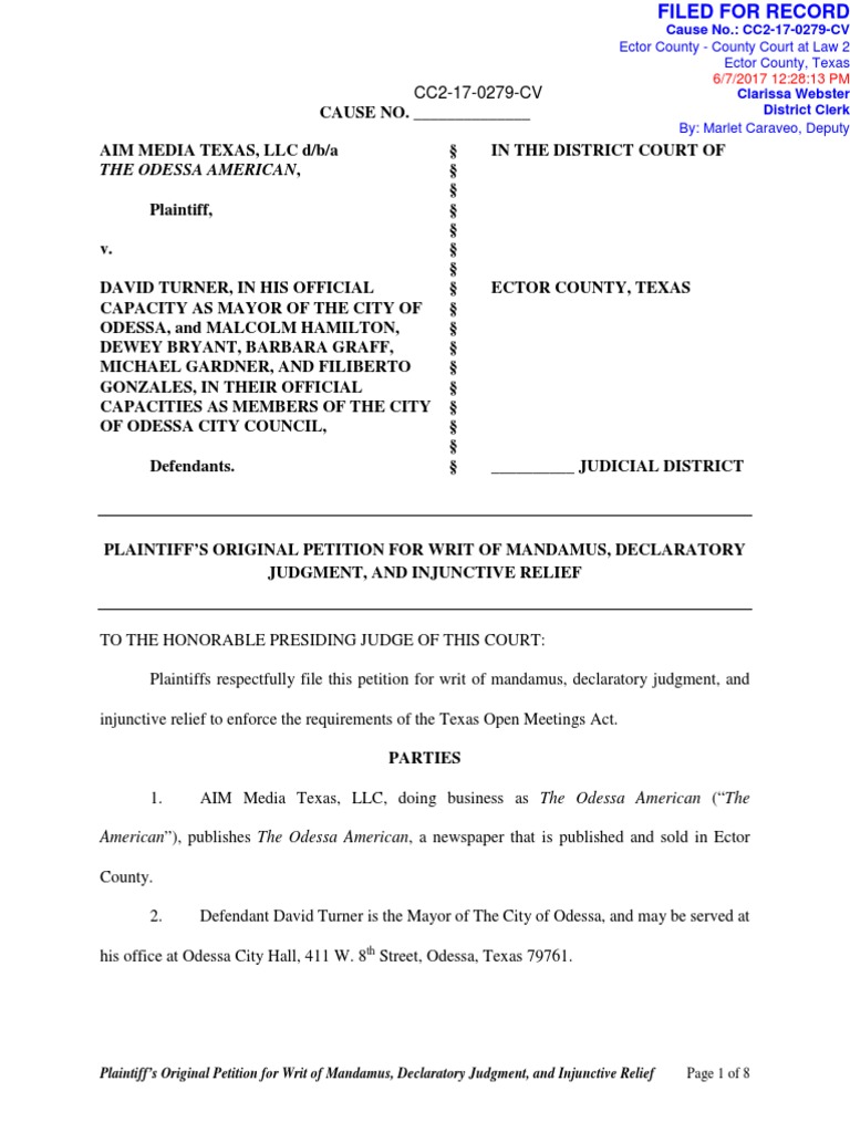 Plaintiff's Original Petition For Writ of Mandamus, Declaratory ...