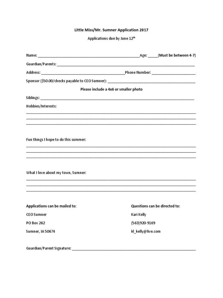 Little Miss/Mr. Sumner Application 2017: Please Include A 4x6 or ...