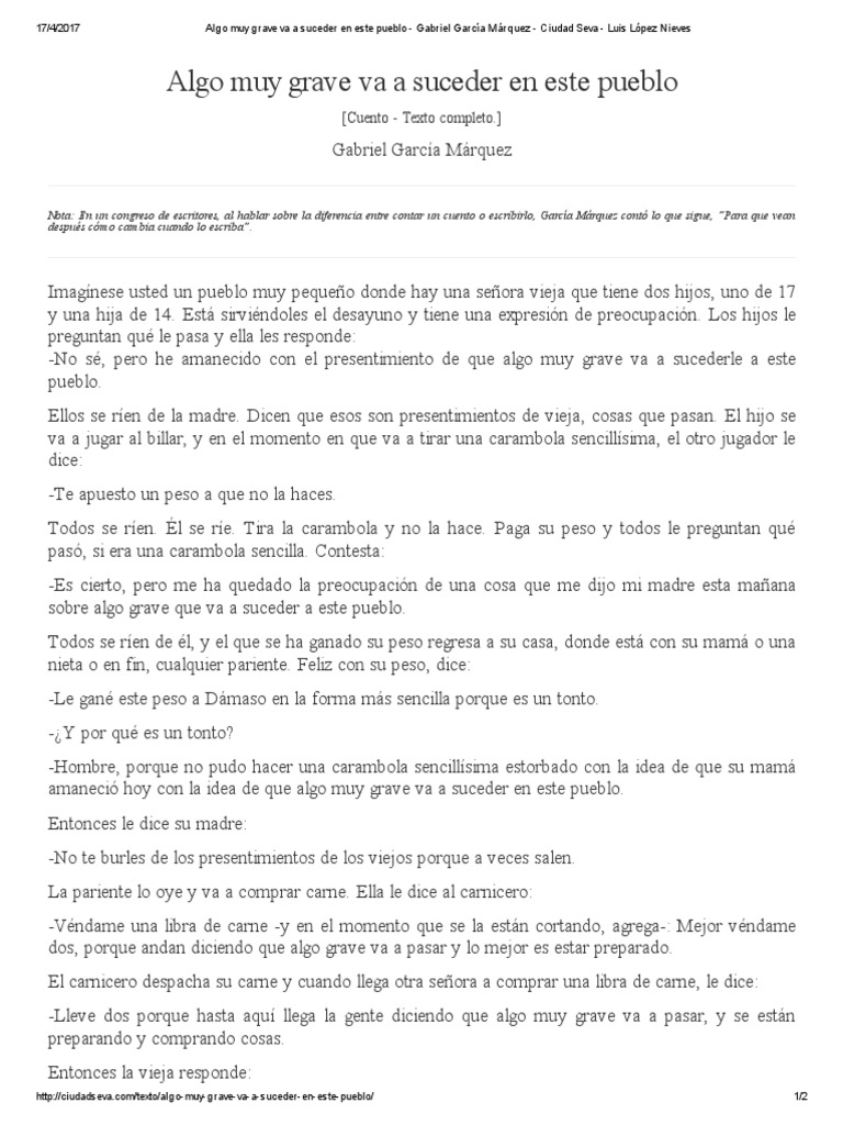 Algo Muy Grave Va A Suceder en Este Pueblo - Gabriel García Márquez ...